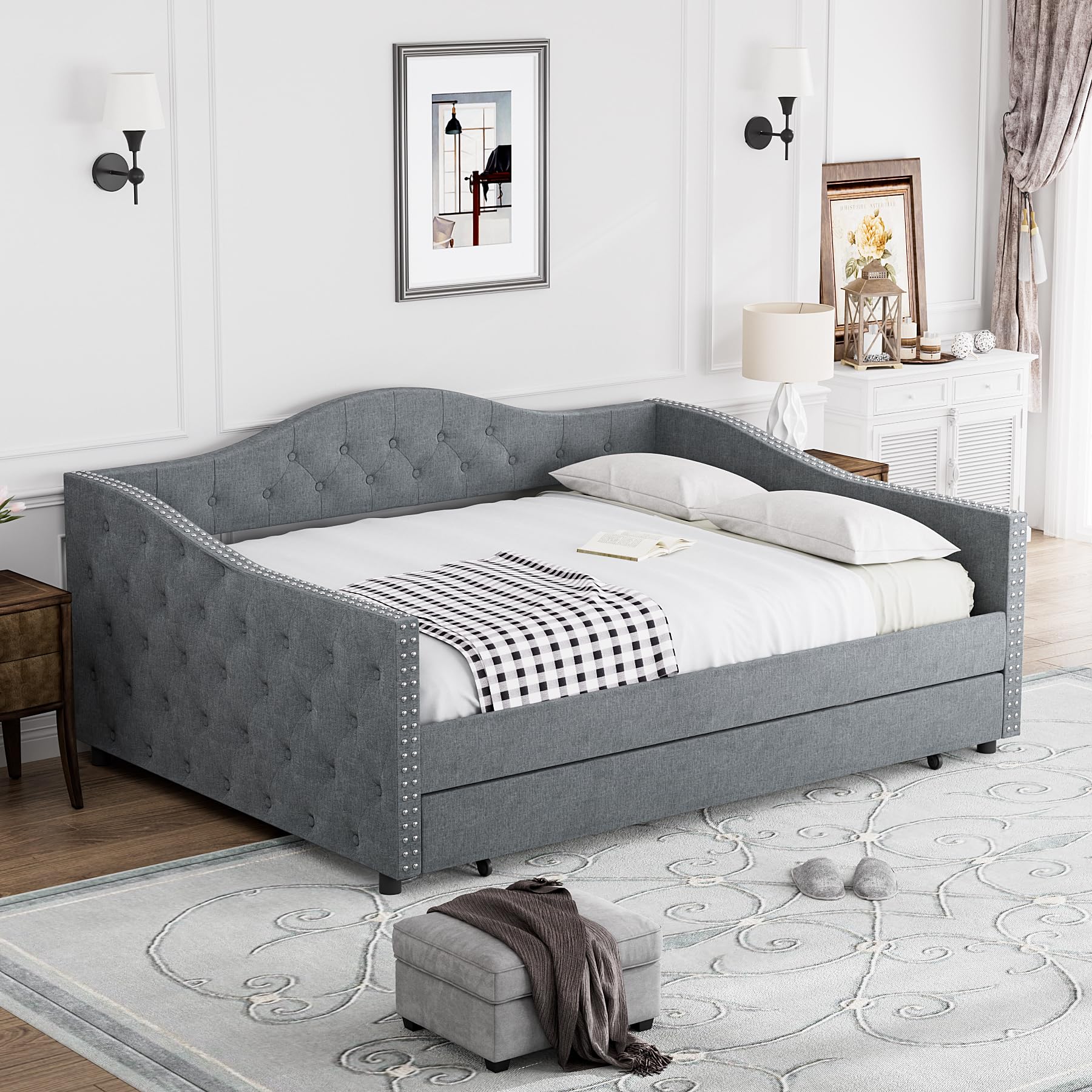 ONEMMLION Daybed with Trundle, Upholstered Button Tufted Full Size Daybed Frame in Linen Fabric for Bedroom Guest Room, Grey