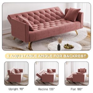 ONEMMLION Modern Velvet Futon Sofa Bed, Small Couch, Loveseat, 71" Convertible Futon Sofa with Folding Armrests and 2 Pillows, Comfy Couch for Living Room, Bedroom, Rose Pink