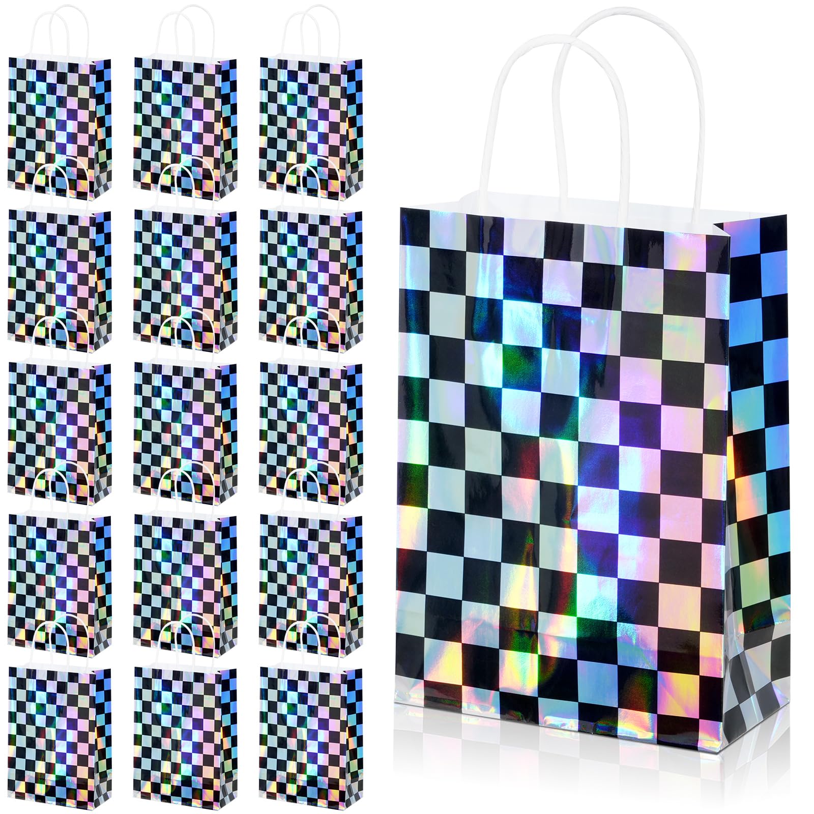 16Pcs Iridescent Checkered Race Car Party Favor Bags, Black and Iridescent Car Goodie Bags with Handles, Laser Plaid Kraft Paper Candy Gift Treat Bags for Kids Fast Race Car Birthday Party Decorations