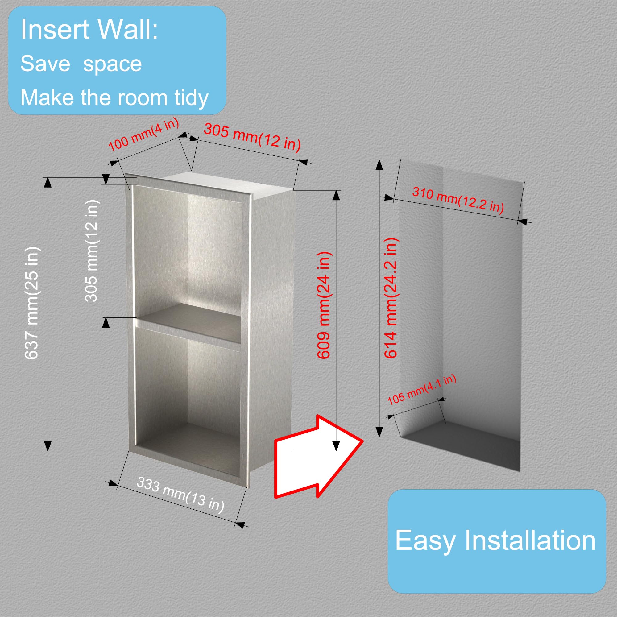 IKITRAEE Finished Shower Niche for Bathroom Storage,No Tile Needed,Recessed Wall Niche,Double Layer Storage,Made of Stainless Steel,24 in X12 in X4 in，Primary Color Brushed