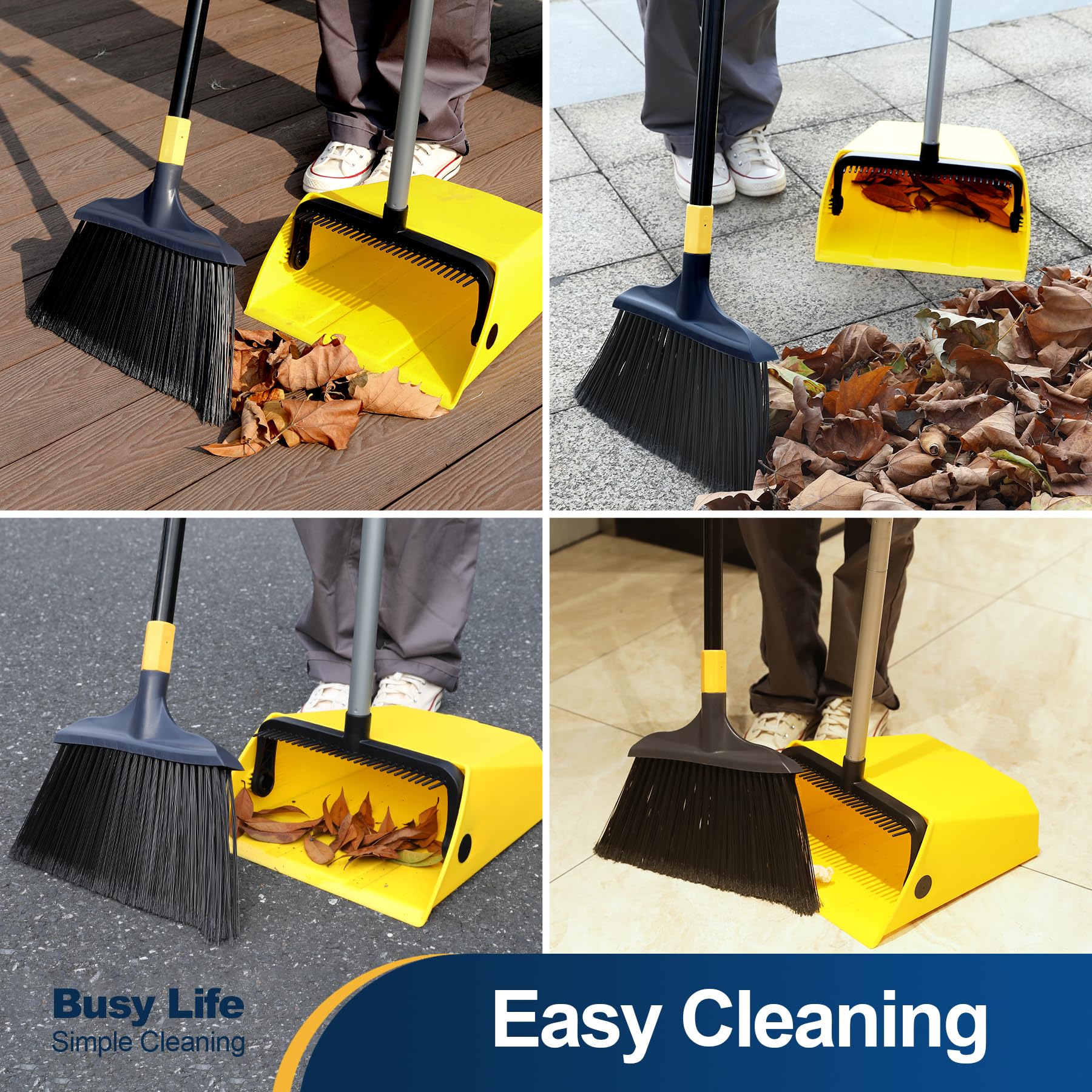 Yocada Heavy Duty Broom and Dustpan Set 2 Plus 1 Set with Comb Commercial Outdoor Indoor for Courtyard Garage Lobby Mall Market Floor Home Kitchen Room Office Pet Hair Rubbish