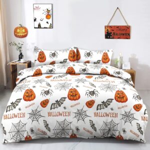 Halloween Duvet Cover Set Queen Fall Pumpkin Spider Cobweb Bat Pattern Duvet Cover, 3 Piece Halloween Themed Bedding Set with Pillowcases, Soft Microfiber Festival Room Decor for Teens Kids(90''x90'')