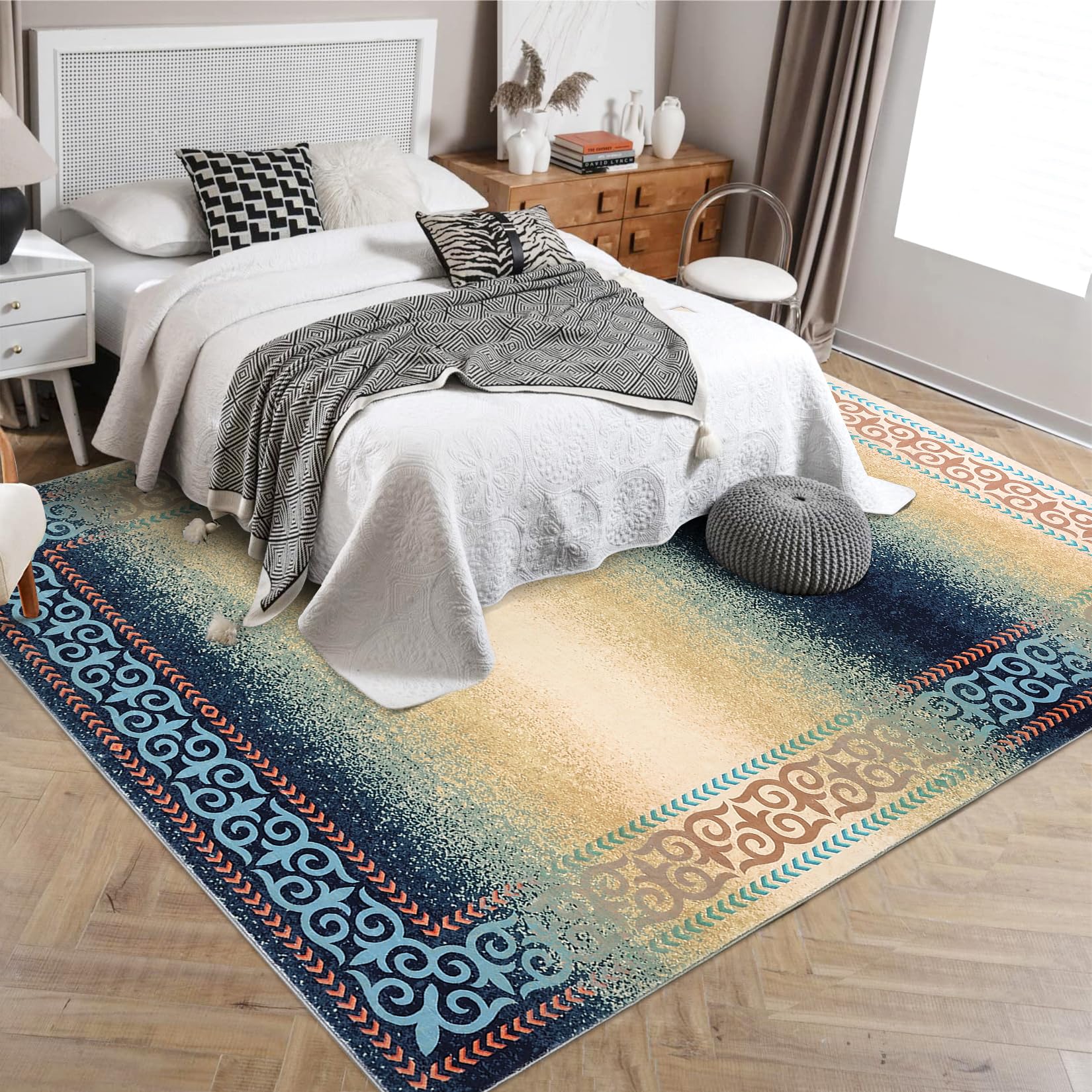 GarveeHome Washable Area Rugs 4x6 Rug Modern Living Room Rugs Non Slip Bedroom Rug Oriental Boho Rug Ultra Soft Low Pile Thin Carpet Stain Resistant Non Shedding Throw Rugs for Dining Room Blue 4'x6'