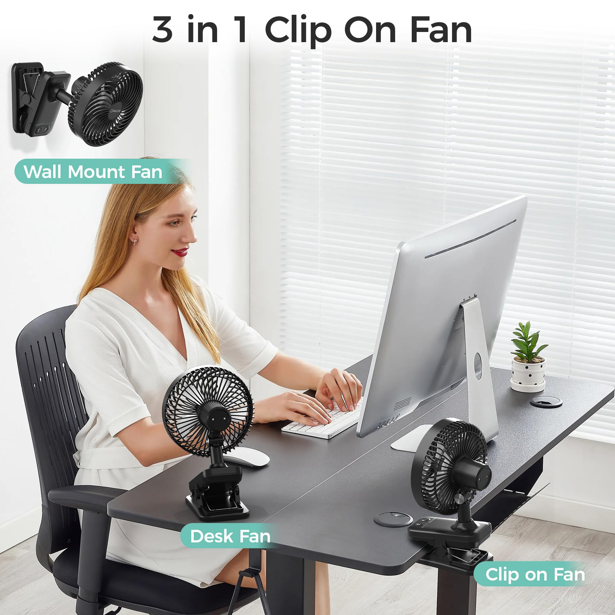 7'' Clip On Fan,10000mAh Battery Operated Desk Fan,Auto Oscillation Stroller Fan,Rechargeable USB Fan,4 Speeds Personal Table Fan with Sturdy Clamp for Golf Cart Office Treadmill Travel Outdoor (7")