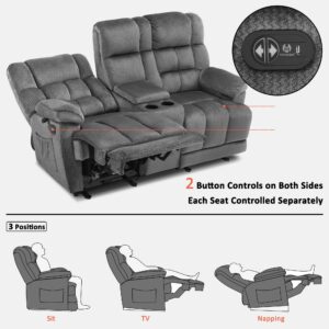 MCombo Fabric Power Loveseat Recliner with Console, Electric Reclining Loveseat Sofa with Heat and Vibration, USB Charge Ports for Living Room RS6234 (Grey)