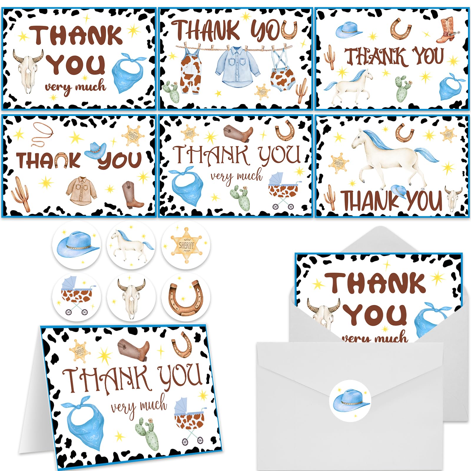 NODMIPNS 60 Pieces Little Cowboy Baby Shower Thank You Cards,Western Rodeo Thank You Cards Includes 30 Pieces Envelopes and 30 Pieces Cowboy Cards with Stickers for Baby Shower Wedding Bridal