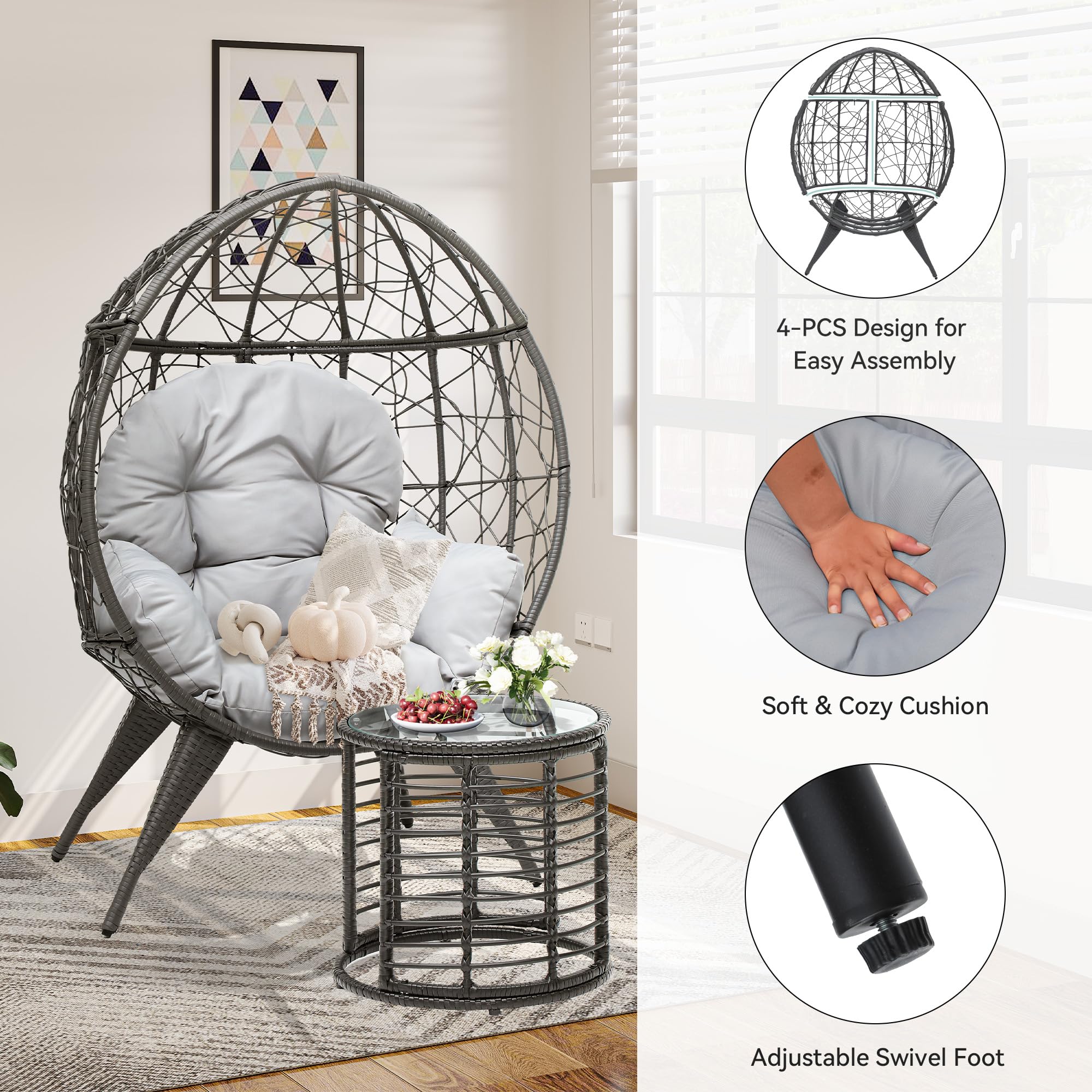 YITAHOME Egg Chair with Table Outdoor Egg Lounge Chair with Cushion Wicker Chair PE Rattan Chair Table Included for Patio, Garden, Backyard, Porch, Gray