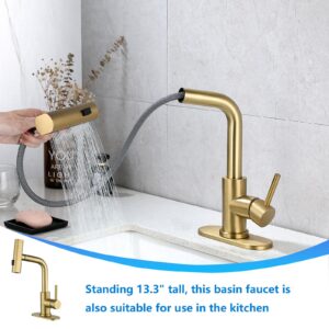 TRIPHIL Waterfall Bathroom Faucets with 3 Mode Pull Down Sprayer,Single Handle Modern Bath Sink Faucet with Pop Up Drain and Deck Plate,Brusehd Gold 1 Hole RV, Bar,Restroom,Lavatory,Vanity Tap