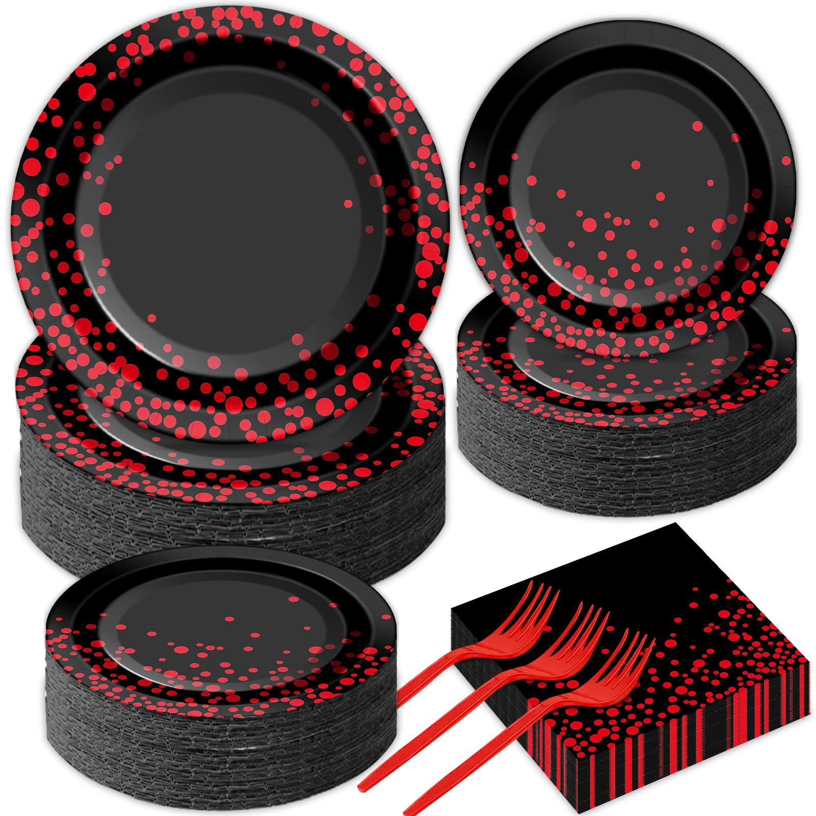 50 Guests Red and Black Birthday Party Supplies Set Red Dot on Black Disposable Plates Napkins Red and Black Tableware Set Party Papaer Dinnerware for Birthday Graduation Wedding Decorations 200Pcs