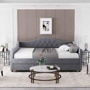 ONEMMLION Daybed with Trundle, Upholstered Button Tufted Full Size Daybed Frame in Linen Fabric for Bedroom Guest Room, Grey