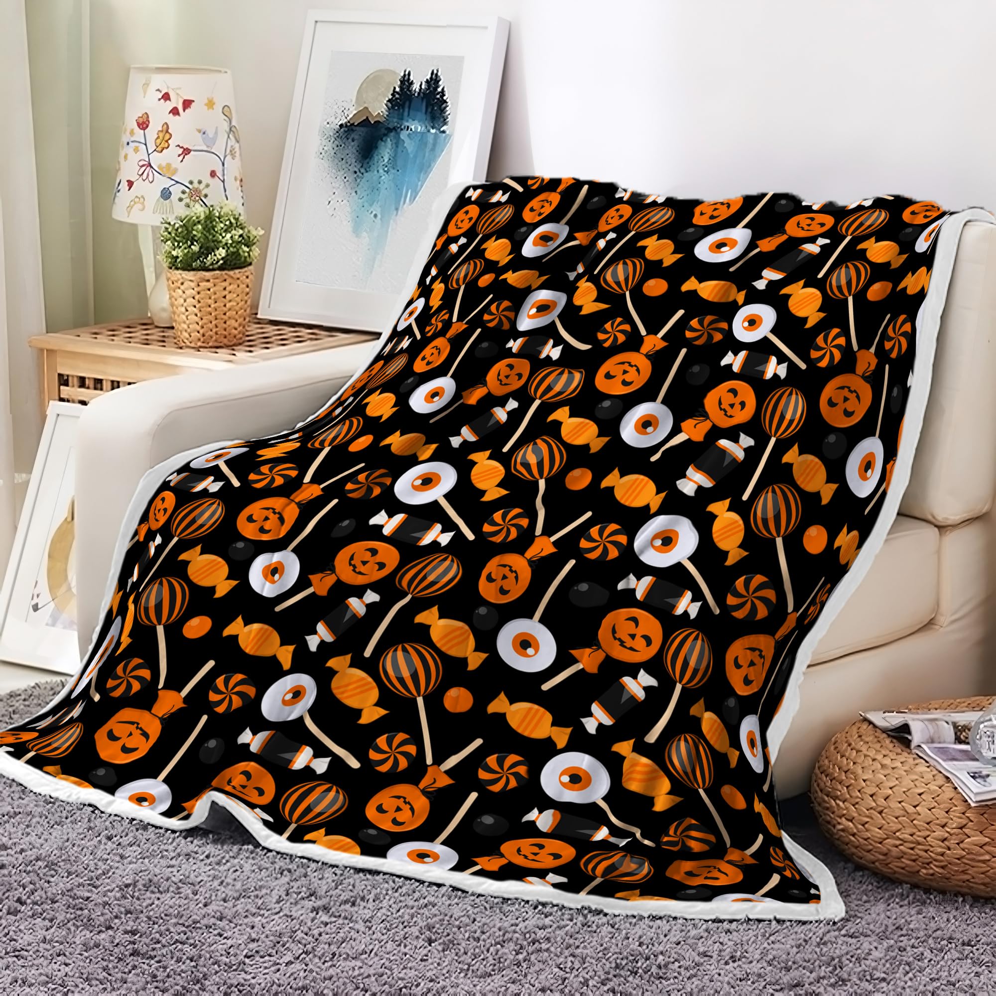 JAWO Halloween Throw Blanket, Fall Autumn Halloween Chic Treat or Trick Candy Gift for Kids Cozy Bed Couch Blanket, Soft Comfy Fleece Flannel Throws Blankets Livingroom Bedroom Decor