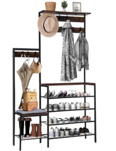 lynxor hall tree with bench and shoe storage, entryway coat rack shoe bench with mat, freestanding 4-in-1 coat and shoe rack with wall rack 9 hooks top shelf for entrance foyer rustic brown