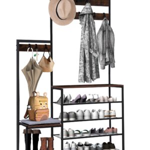 Lynxor Hall Tree with Bench and Shoe Storage, Entryway Coat Rack Shoe Bench with Mat, Freestanding 4-in-1 Coat and Shoe Rack with Wall Rack 9 Hooks Top Shelf for Entrance Foyer Rustic Brown