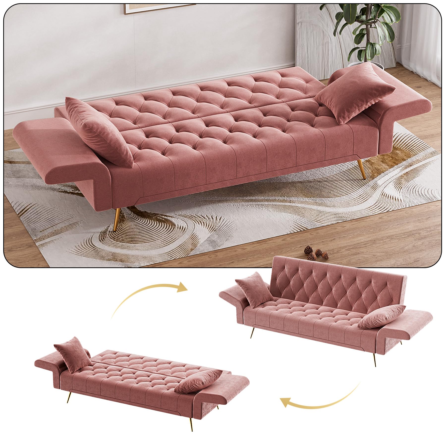 ONEMMLION Modern Velvet Futon Sofa Bed, Small Couch, Loveseat, 71" Convertible Futon Sofa with Folding Armrests and 2 Pillows, Comfy Couch for Living Room, Bedroom, Rose Pink