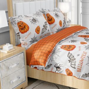 Halloween Duvet Cover Set Queen Fall Pumpkin Spider Cobweb Bat Pattern Duvet Cover, 3 Piece Halloween Themed Bedding Set with Pillowcases, Soft Microfiber Festival Room Decor for Teens Kids(90''x90'')