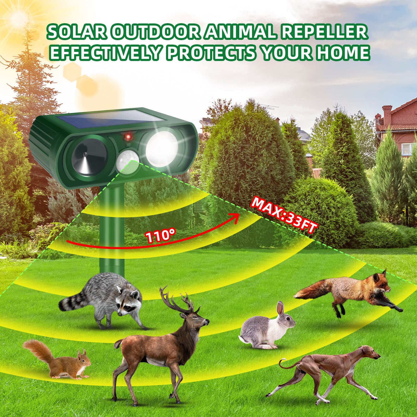 Ultrasonic Animal Repellent Outdoor,Deer Repellent Devices with Flashing Light Ultrasonic Cat Repeller Skunk Squirrel Rabbit Raccoon Repellent Solar Animal Repeller Deterrent Devices,Green (2)