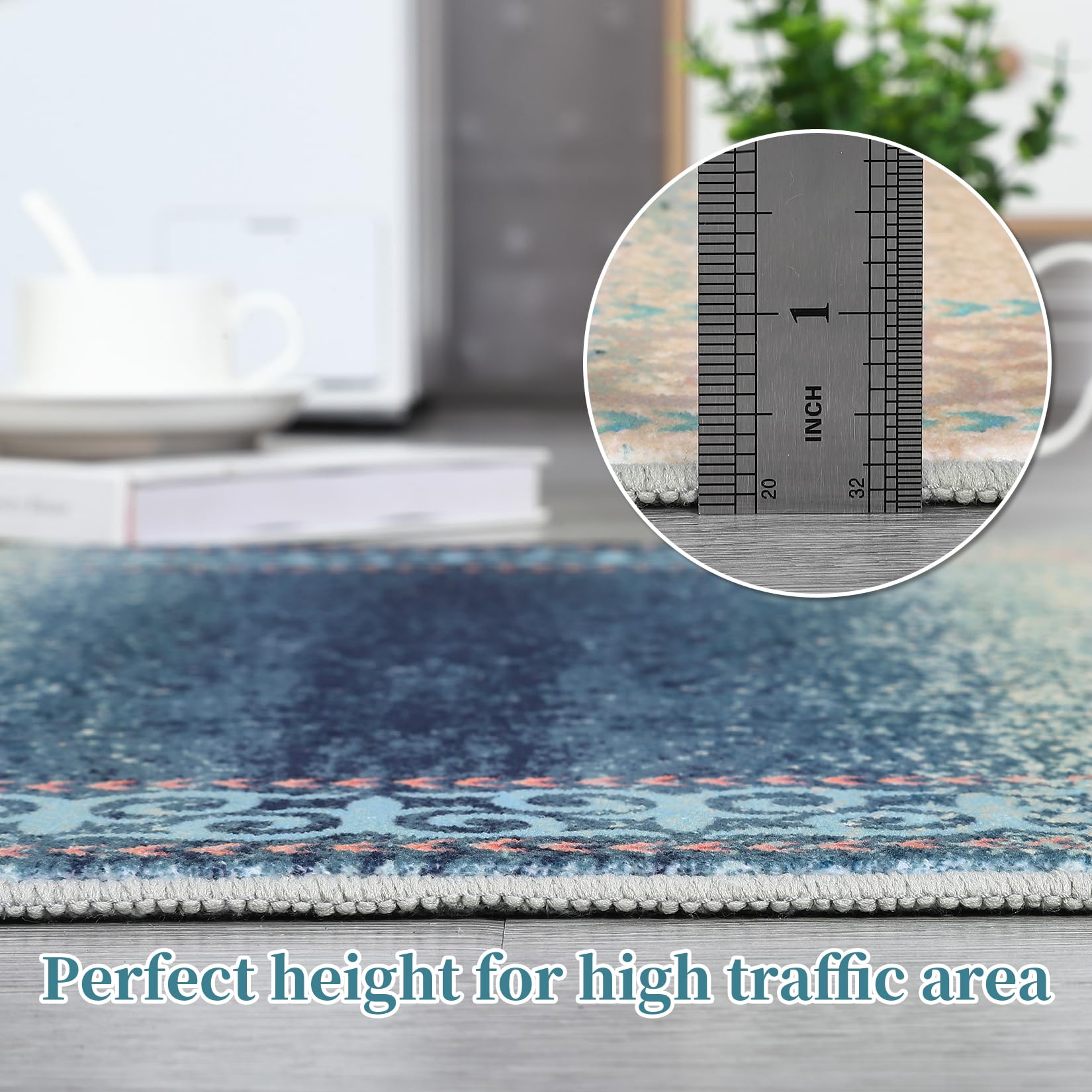 GarveeHome Washable Area Rugs 4x6 Rug Modern Living Room Rugs Non Slip Bedroom Rug Oriental Boho Rug Ultra Soft Low Pile Thin Carpet Stain Resistant Non Shedding Throw Rugs for Dining Room Blue 4'x6'