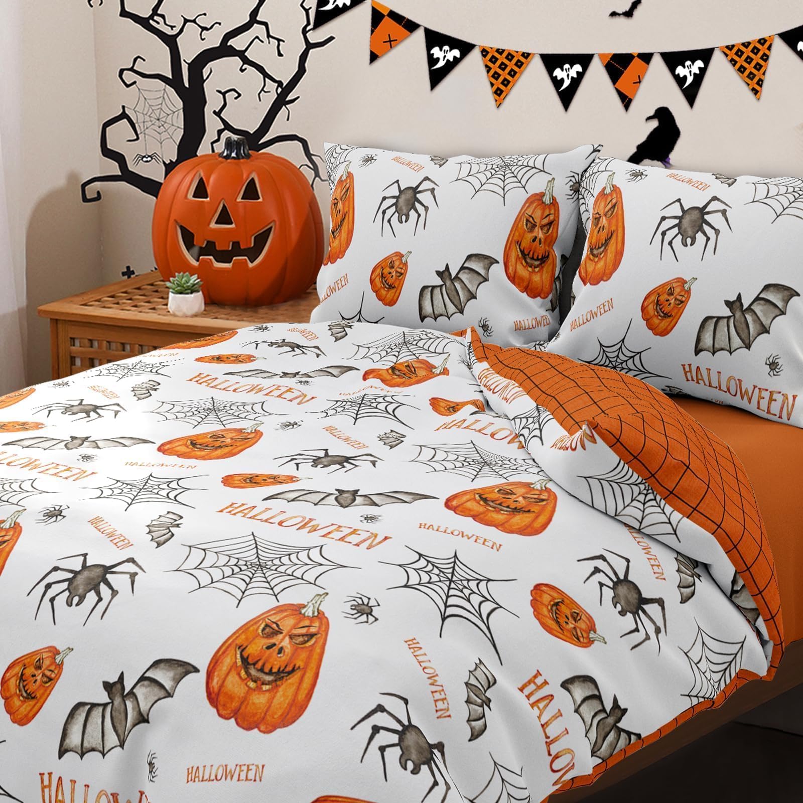 Halloween Duvet Cover Set Queen Fall Pumpkin Spider Cobweb Bat Pattern Duvet Cover, 3 Piece Halloween Themed Bedding Set with Pillowcases, Soft Microfiber Festival Room Decor for Teens Kids(90''x90'')