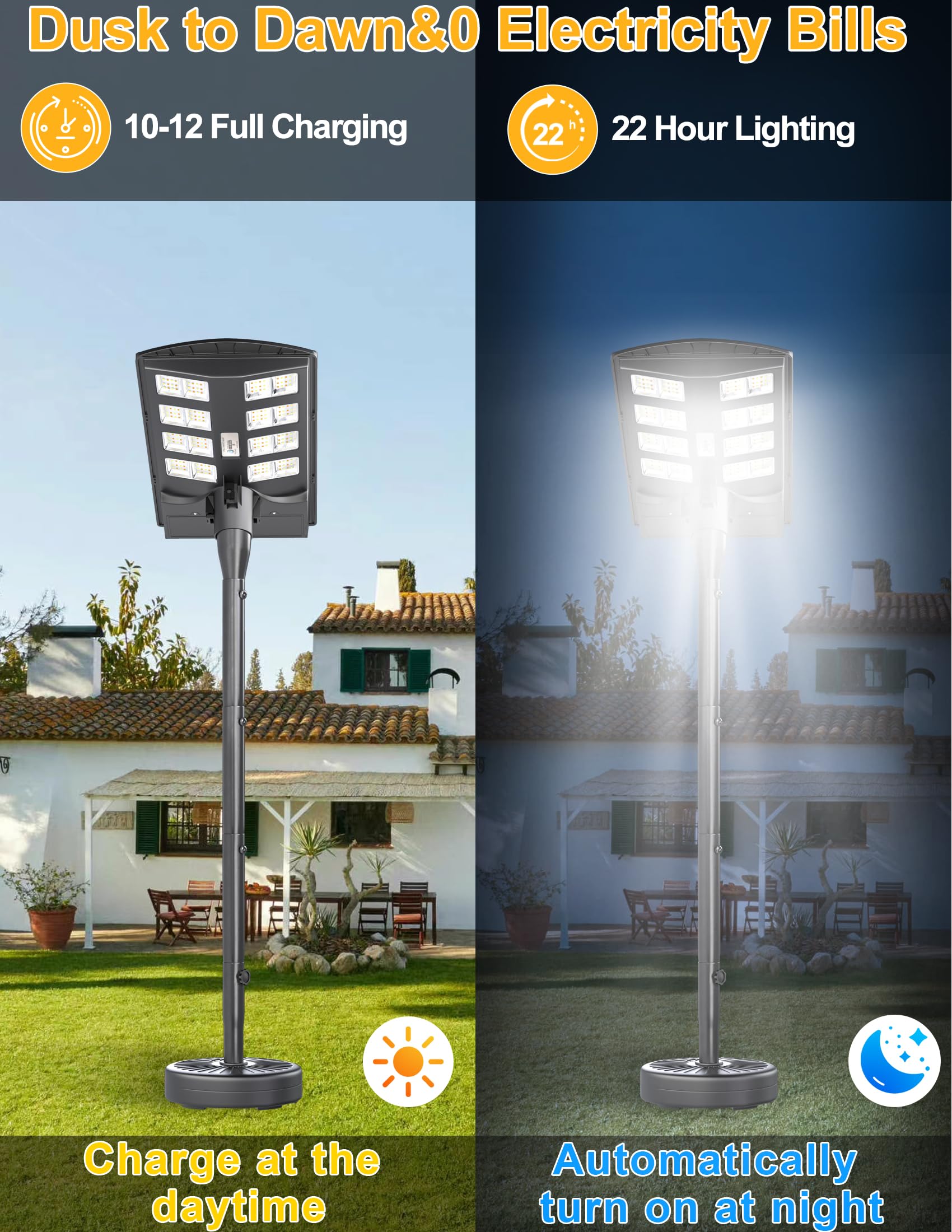 JAYNLT 6000W Solar Street Lights Outdoor with 78" Tall Pole, 3000K/4000K/6500K 400000LM Solar Floor Lamps Dusk to Dawn, IP68 Waterproof Solar Pole Lights with Motion Sensor for Yard, Patio, Camping