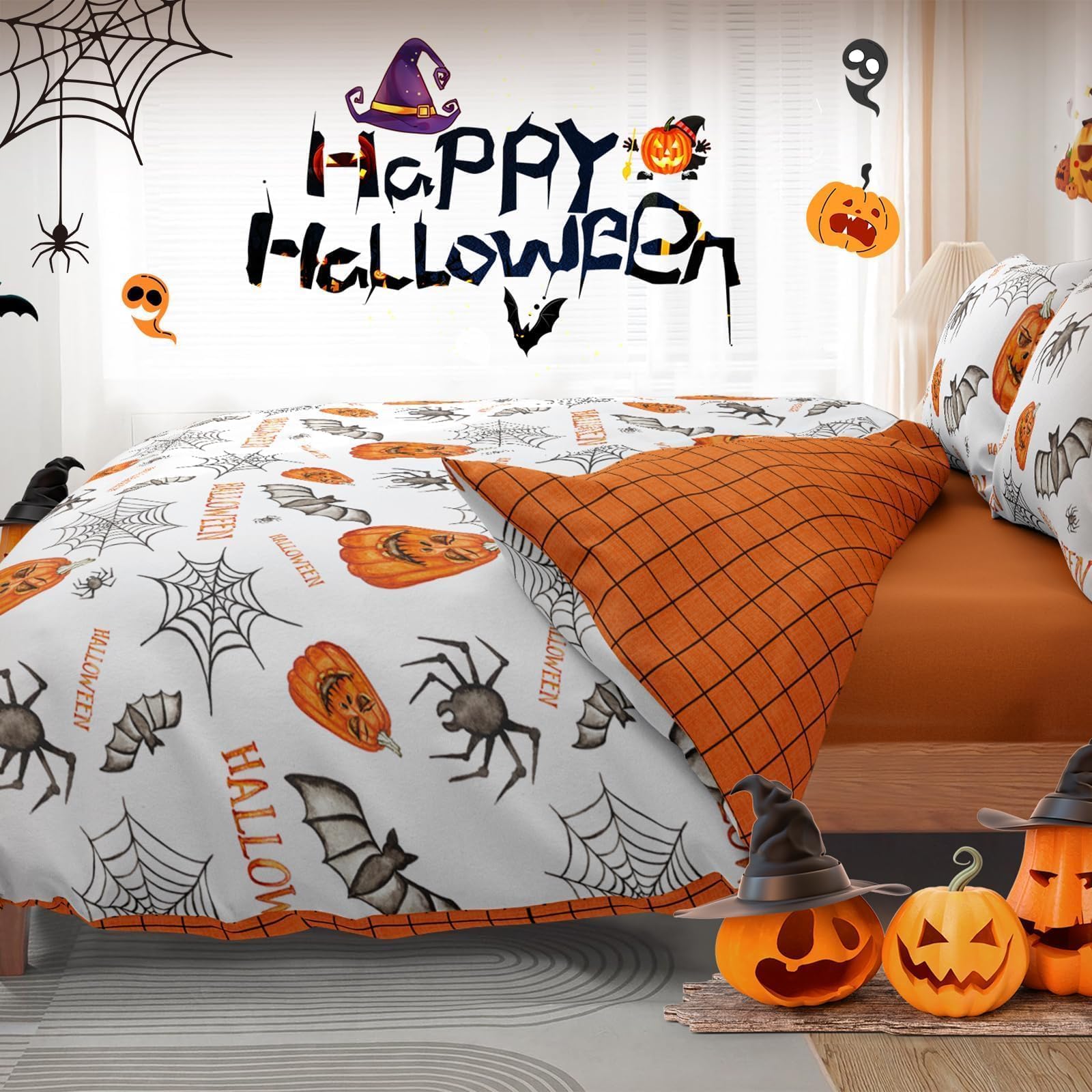 Halloween Duvet Cover Set Queen Fall Pumpkin Spider Cobweb Bat Pattern Duvet Cover, 3 Piece Halloween Themed Bedding Set with Pillowcases, Soft Microfiber Festival Room Decor for Teens Kids(90''x90'')