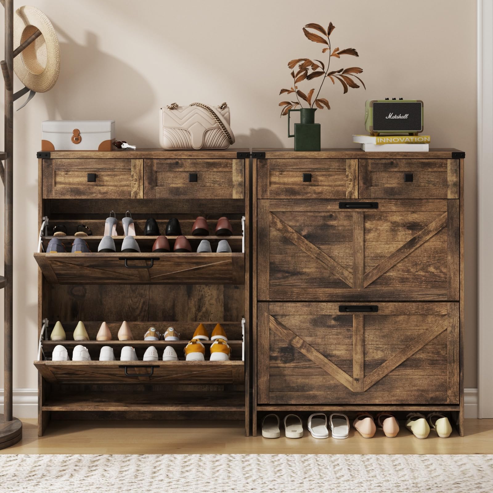 Shoe Storage Cabinet with 2 Flip Drawers & 2 Drawers,Shoe Cabinet Storage with Legs for Entryway,Freestanding Shoes Organizer Cabinet,Farmhouse Slim Shoe Cabinet Rustic Brown