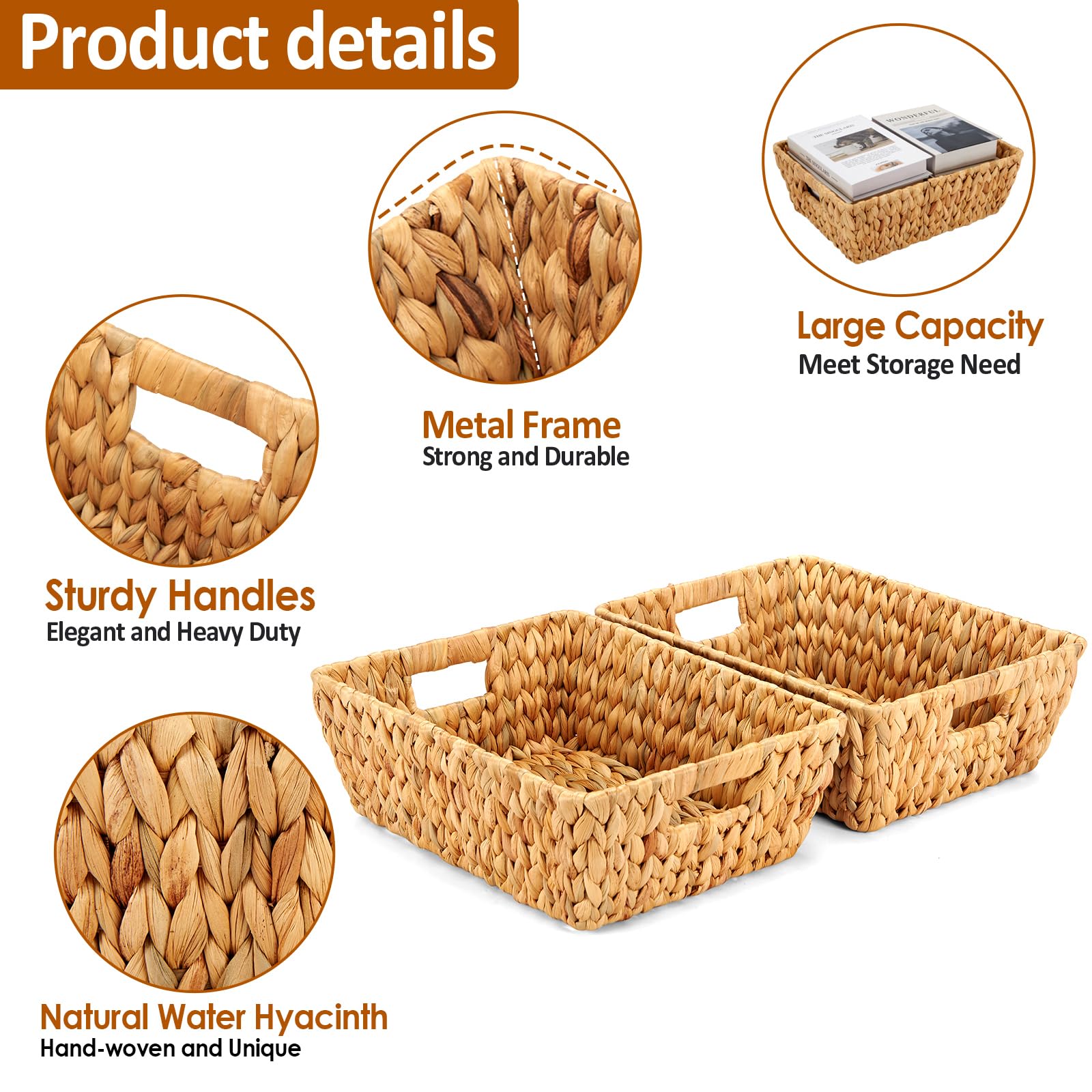 ROSOS Wicker Baskets 2 Pack, Water Hyacinth Wicker Storage Basket with Handles, Large Wicker Baskets for Storage, Wicker Baskets for Organizing, Handmade Large Wicker Basket, Natural