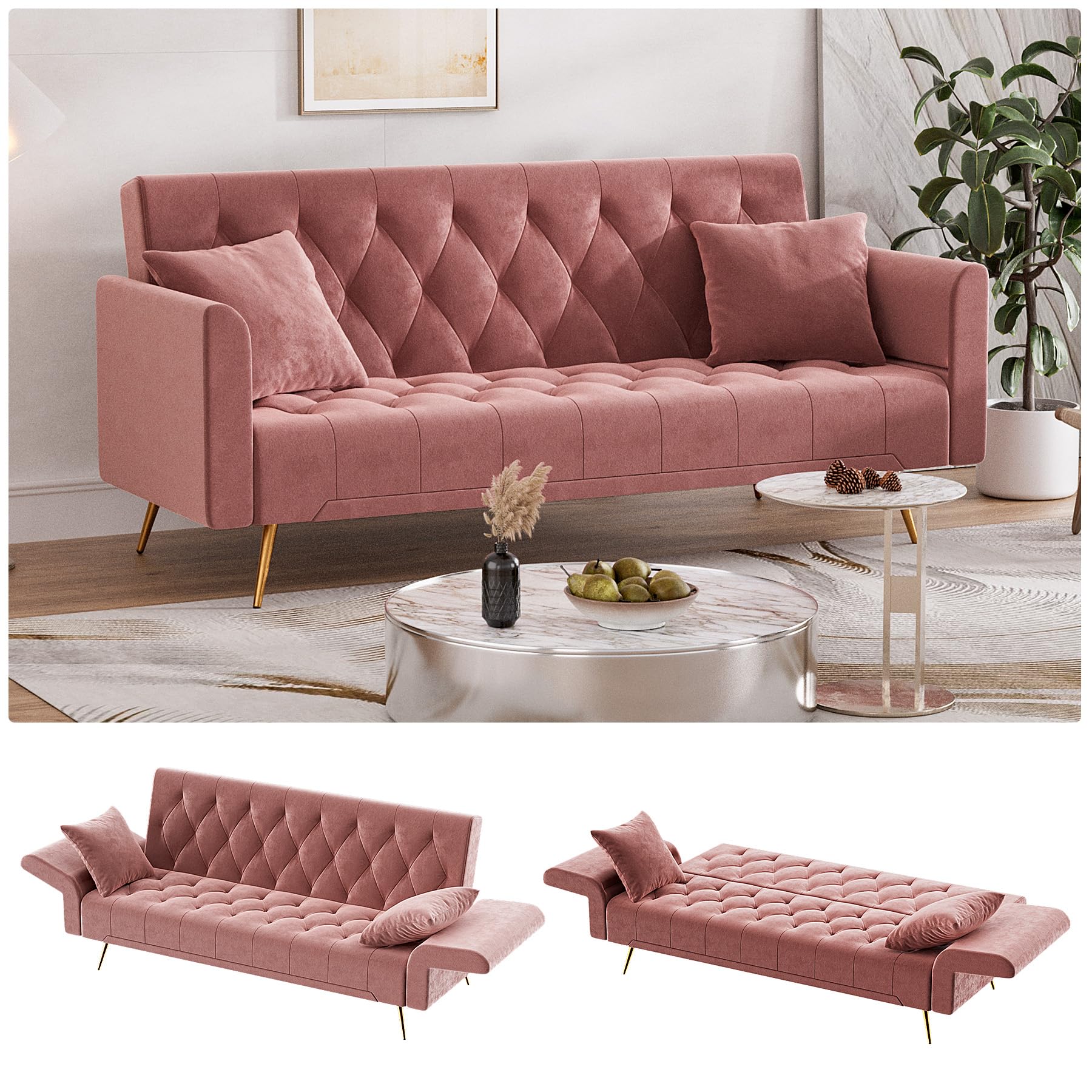 ONEMMLION Modern Velvet Futon Sofa Bed, Small Couch, Loveseat, 71" Convertible Futon Sofa with Folding Armrests and 2 Pillows, Comfy Couch for Living Room, Bedroom, Rose Pink