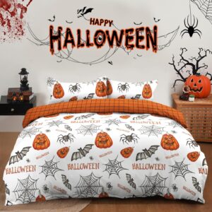 halloween duvet cover set queen fall pumpkin spider cobweb bat pattern duvet cover, 3 piece halloween themed bedding set with pillowcases, soft microfiber festival room decor for teens kids(90''x90'')