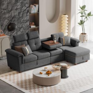 chireca convertible sectional sofa, modern microfibe l shaped couch with storage chaise and cup holder 4 seat sofa couches with extra headrests for living room, apartment, dark grey