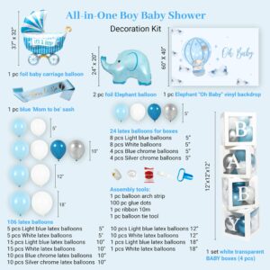 Vidal Crafts 139 PCs Elephant Baby Shower Decorations Boy-Adorable Elephant-Themed Baby Boy Shower Decorations, Complete Party Kit with Elephant Backdrop, Balloon Garland, BABY Boxes & Mom to Be Sash