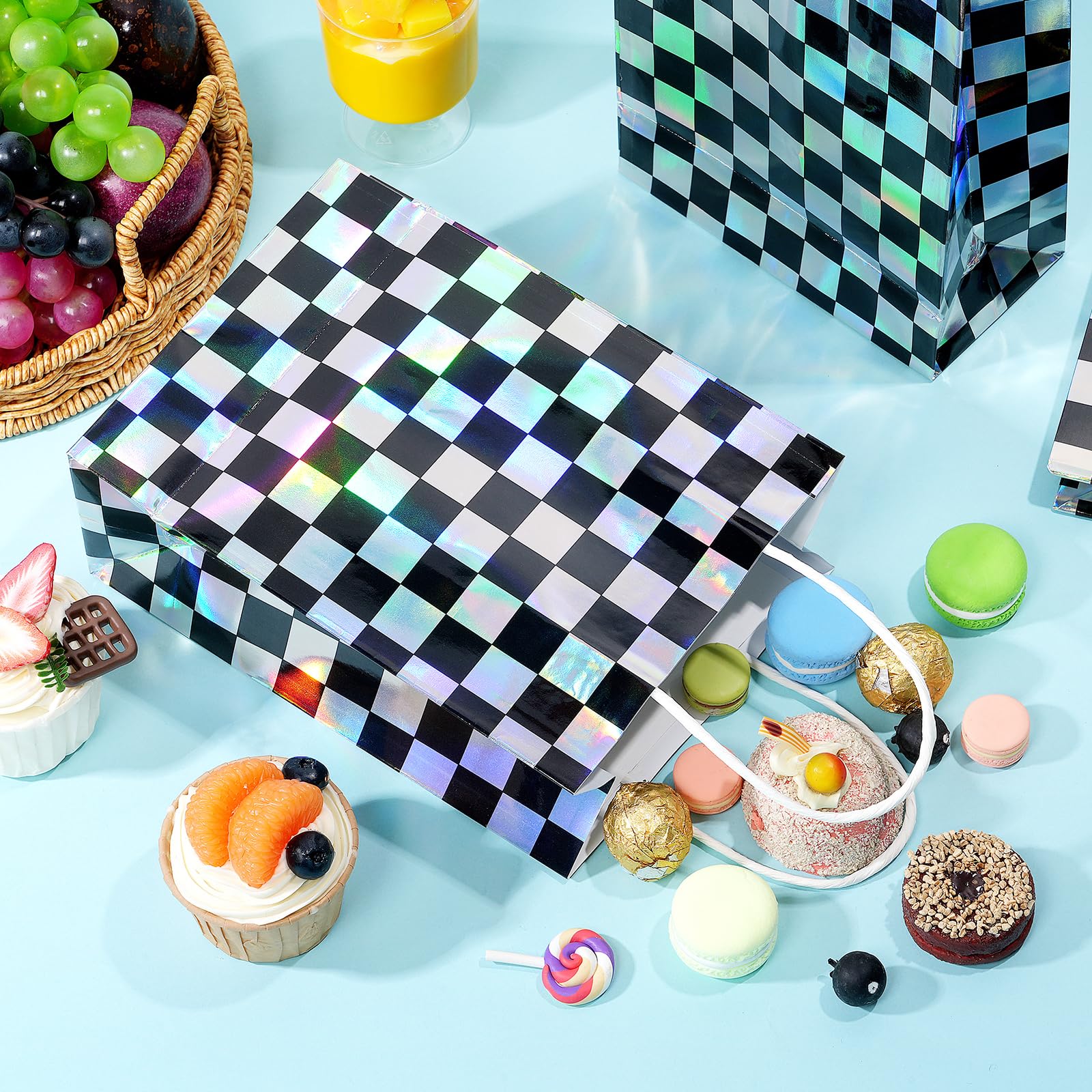 16Pcs Iridescent Checkered Race Car Party Favor Bags, Black and Iridescent Car Goodie Bags with Handles, Laser Plaid Kraft Paper Candy Gift Treat Bags for Kids Fast Race Car Birthday Party Decorations