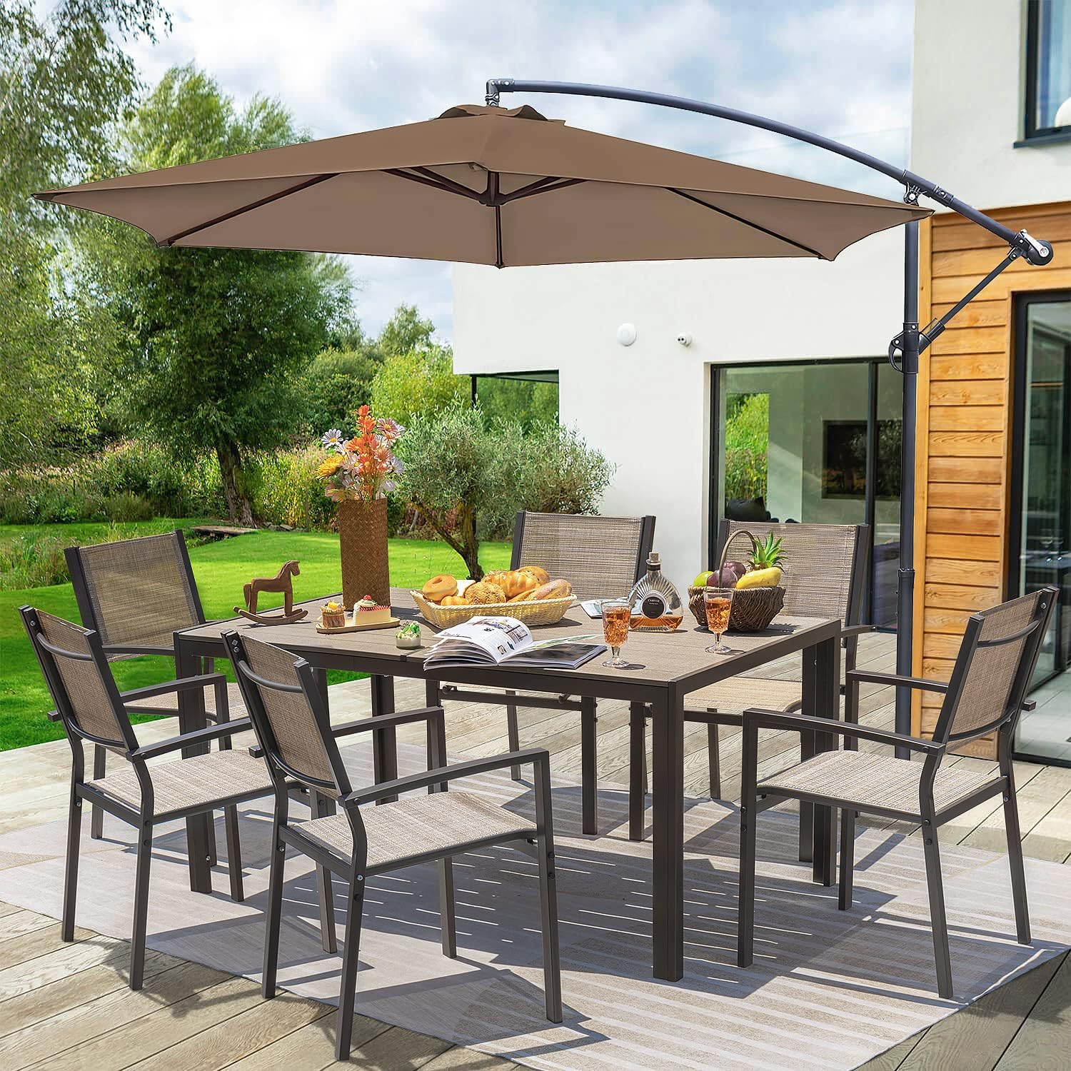 Homall Patio Dining Set 7 Pieces Outdoor Furniture with Large Table and 6 Textilene Chairs for Porch, Brown