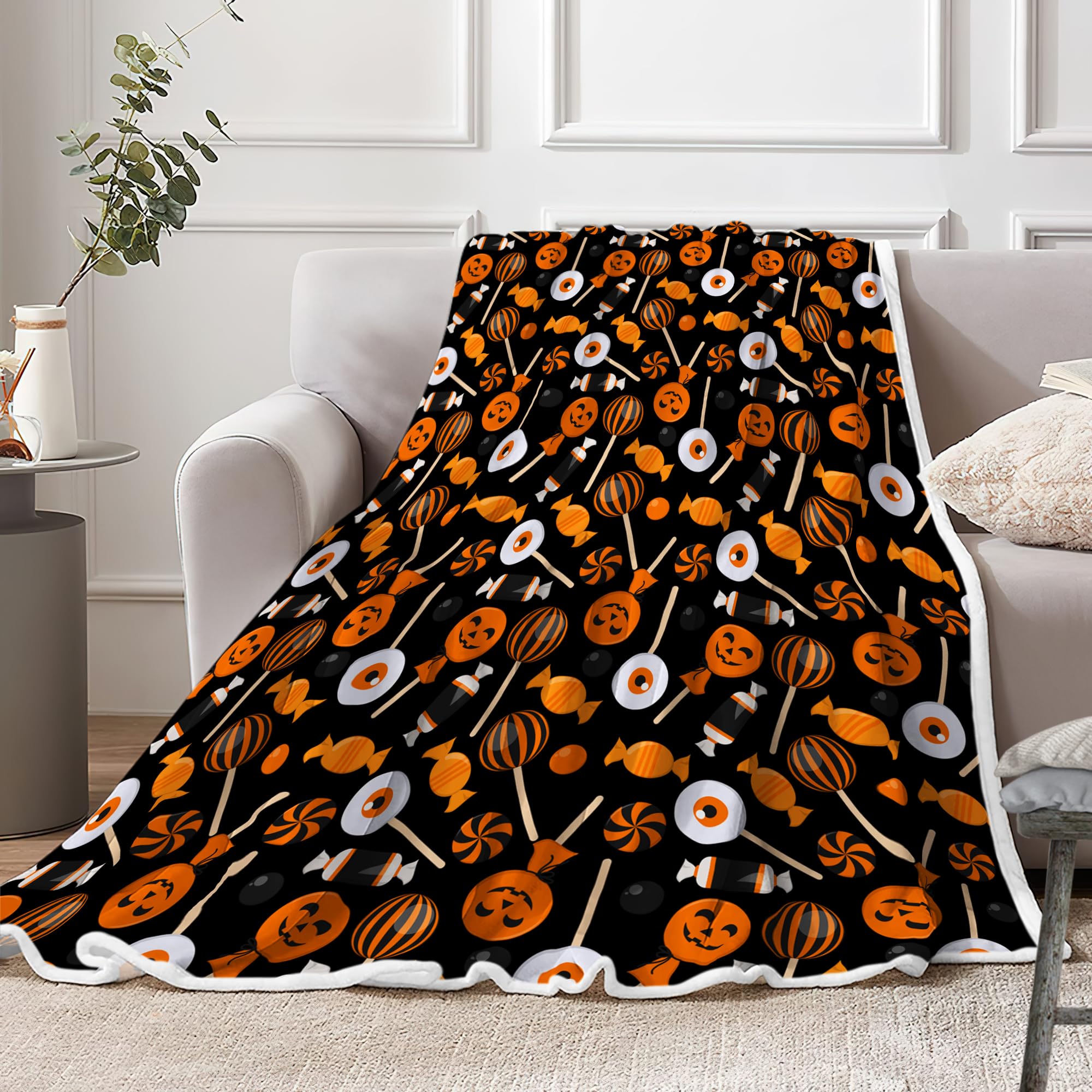 JAWO Halloween Throw Blanket, Fall Autumn Halloween Chic Treat or Trick Candy Gift for Kids Cozy Bed Couch Blanket, Soft Comfy Fleece Flannel Throws Blankets Livingroom Bedroom Decor