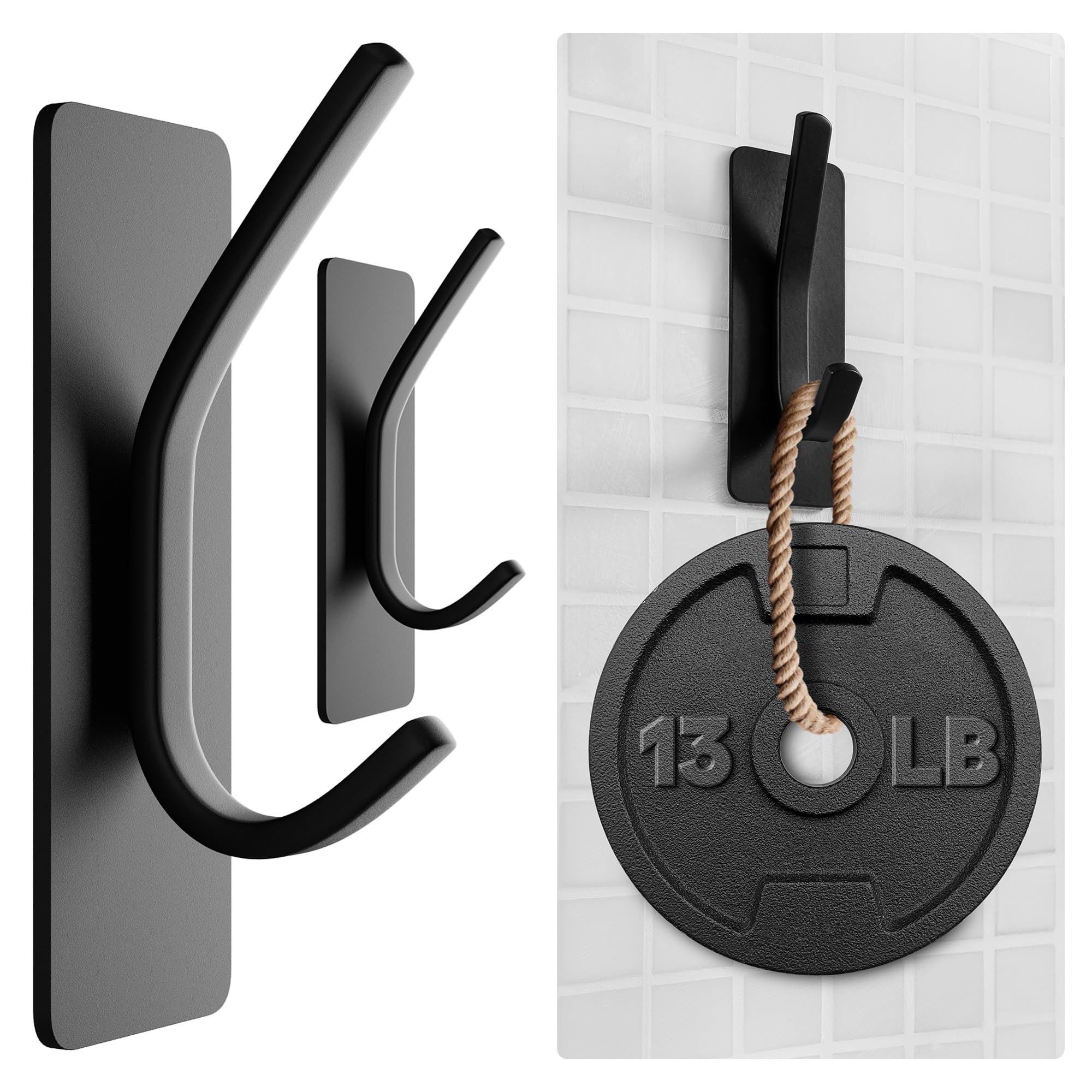 GLUIT Adhesive Towel Hooks for Bathroom Wall Hooks for Hanging Heavy Duty Coat Rack Sticky Hanger for Door Holder Durable Stainless Steel Dark Black- 2 Pack