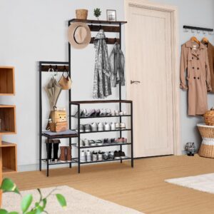 Lynxor Hall Tree with Bench and Shoe Storage, Entryway Coat Rack Shoe Bench with Mat, Freestanding 4-in-1 Coat and Shoe Rack with Wall Rack 9 Hooks Top Shelf for Entrance Foyer Rustic Brown