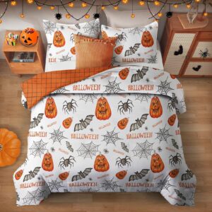 Halloween Duvet Cover Set Queen Fall Pumpkin Spider Cobweb Bat Pattern Duvet Cover, 3 Piece Halloween Themed Bedding Set with Pillowcases, Soft Microfiber Festival Room Decor for Teens Kids(90''x90'')