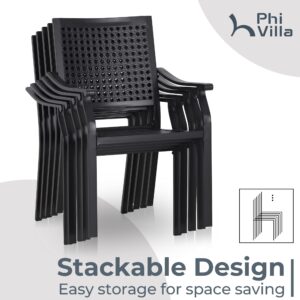 PHI VILLA 9 Pieces Outdoor Dining Set for 8, Large Rectangular Metal Dining Table with Umbrella Hole & Stackable Wrought Iron Chairs, Dining Furniture for Patio, Deck, Yard, Porch