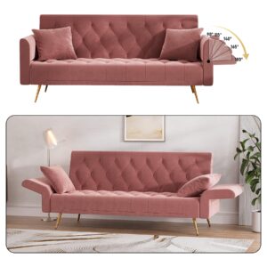 ONEMMLION Modern Velvet Futon Sofa Bed, Small Couch, Loveseat, 71" Convertible Futon Sofa with Folding Armrests and 2 Pillows, Comfy Couch for Living Room, Bedroom, Rose Pink