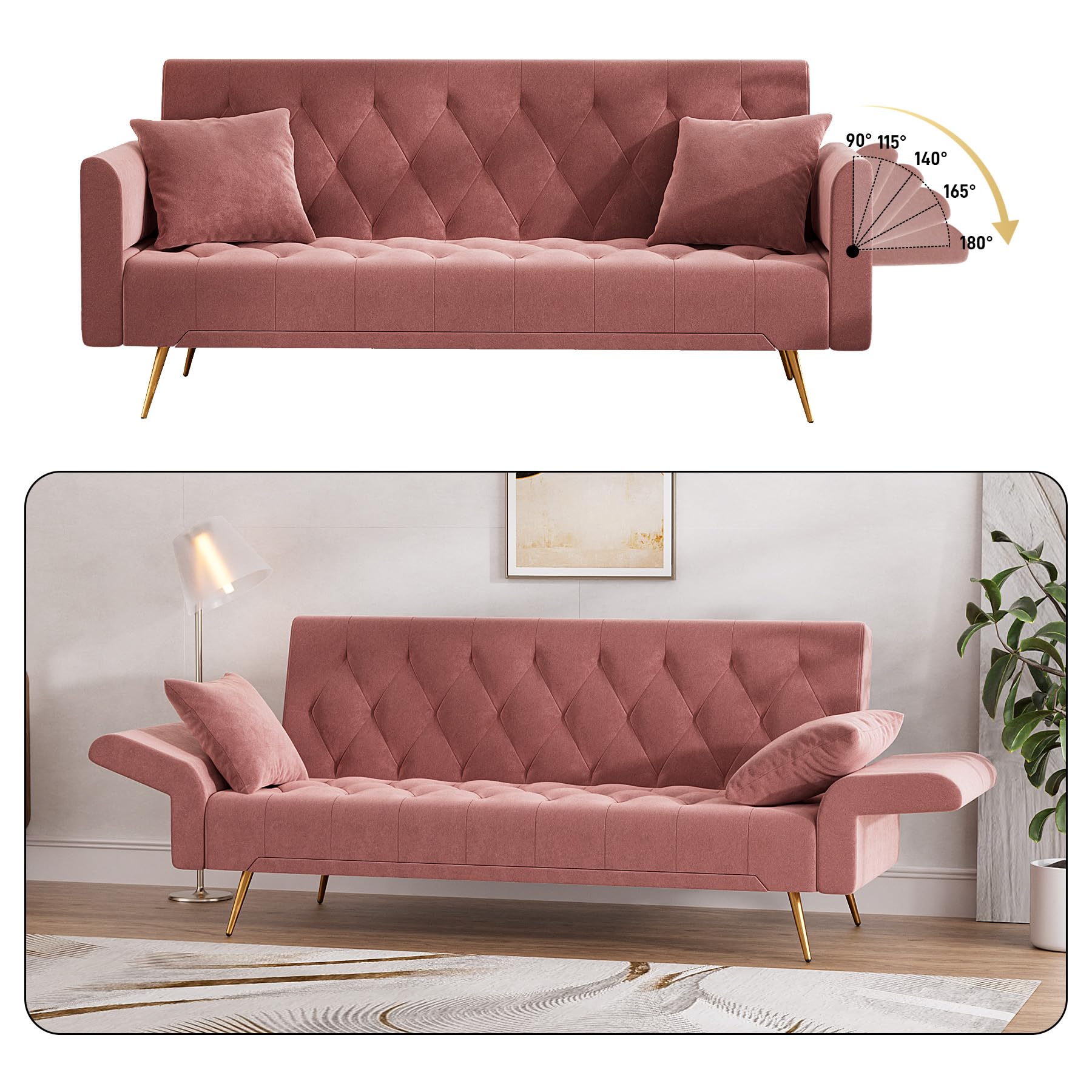 ONEMMLION Modern Velvet Futon Sofa Bed, Small Couch, Loveseat, 71" Convertible Futon Sofa with Folding Armrests and 2 Pillows, Comfy Couch for Living Room, Bedroom, Rose Pink