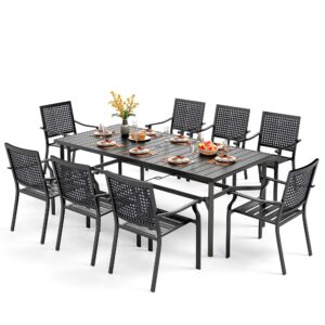 phi villa 9 pieces outdoor dining set for 8, large rectangular metal dining table with umbrella hole & stackable wrought iron chairs, dining furniture for patio, deck, yard, porch