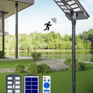 JAYNLT 6000W Solar Street Lights Outdoor with 78" Tall Pole, 3000K/4000K/6500K 400000LM Solar Floor Lamps Dusk to Dawn, IP68 Waterproof Solar Pole Lights with Motion Sensor for Yard, Patio, Camping