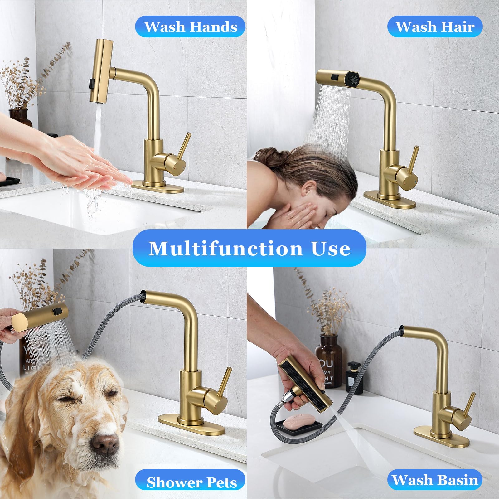 TRIPHIL Waterfall Bathroom Faucets with 3 Mode Pull Down Sprayer,Single Handle Modern Bath Sink Faucet with Pop Up Drain and Deck Plate,Brusehd Gold 1 Hole RV, Bar,Restroom,Lavatory,Vanity Tap