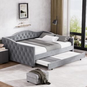 onemmlion daybed with trundle, upholstered button tufted full size daybed frame in linen fabric for bedroom guest room, grey