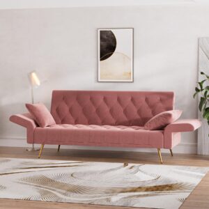 ONEMMLION Modern Velvet Futon Sofa Bed, Small Couch, Loveseat, 71" Convertible Futon Sofa with Folding Armrests and 2 Pillows, Comfy Couch for Living Room, Bedroom, Rose Pink