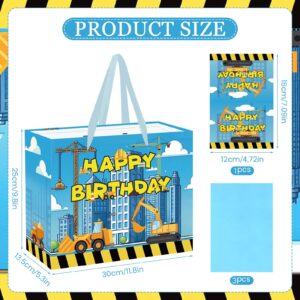 CASLON 1Pc Construction Birthday Gift Bag with Tissue Paper and Card, Blue Construction Birthday Wrapping Paper Bag Construction Truck Party Gift Bag Christmas Gift Bag for Boys Construction Birthday