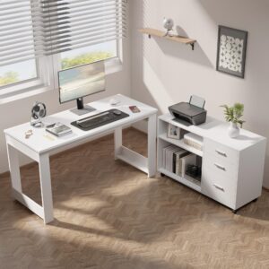 mu 55inch white l shaped desk, corner computer desk with 3 drawers and 2 shelves, writing office table with storage file cabinet, large executive desk with wheels for home office, bedroom