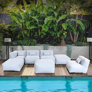 OPEAK Patio Furniture Set Bean Bag Alassio 7PC Outdoor Chairs Sectional Conversation Patio Set Daybed Furniture Outdoor Sofa Couch High Density Foam Filling Modern Comfy Patio Couch (Light Gray)