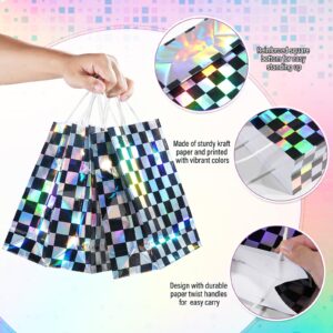 16Pcs Iridescent Checkered Race Car Party Favor Bags, Black and Iridescent Car Goodie Bags with Handles, Laser Plaid Kraft Paper Candy Gift Treat Bags for Kids Fast Race Car Birthday Party Decorations