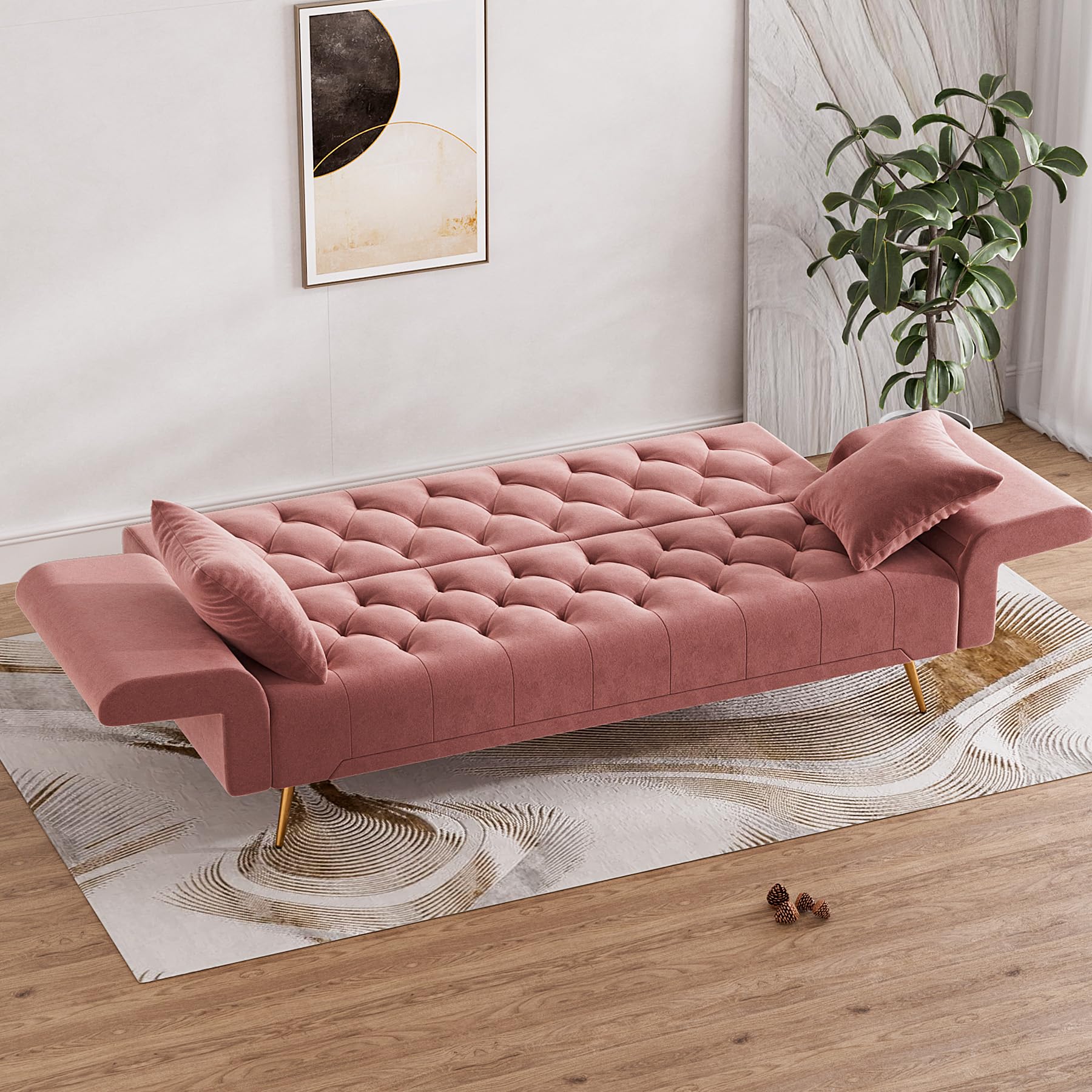 ONEMMLION Modern Velvet Futon Sofa Bed, Small Couch, Loveseat, 71" Convertible Futon Sofa with Folding Armrests and 2 Pillows, Comfy Couch for Living Room, Bedroom, Rose Pink