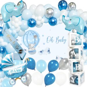 vidal crafts 139 pcs elephant baby shower decorations boy-adorable elephant-themed baby boy shower decorations, complete party kit with elephant backdrop, balloon garland, baby boxes & mom to be sash